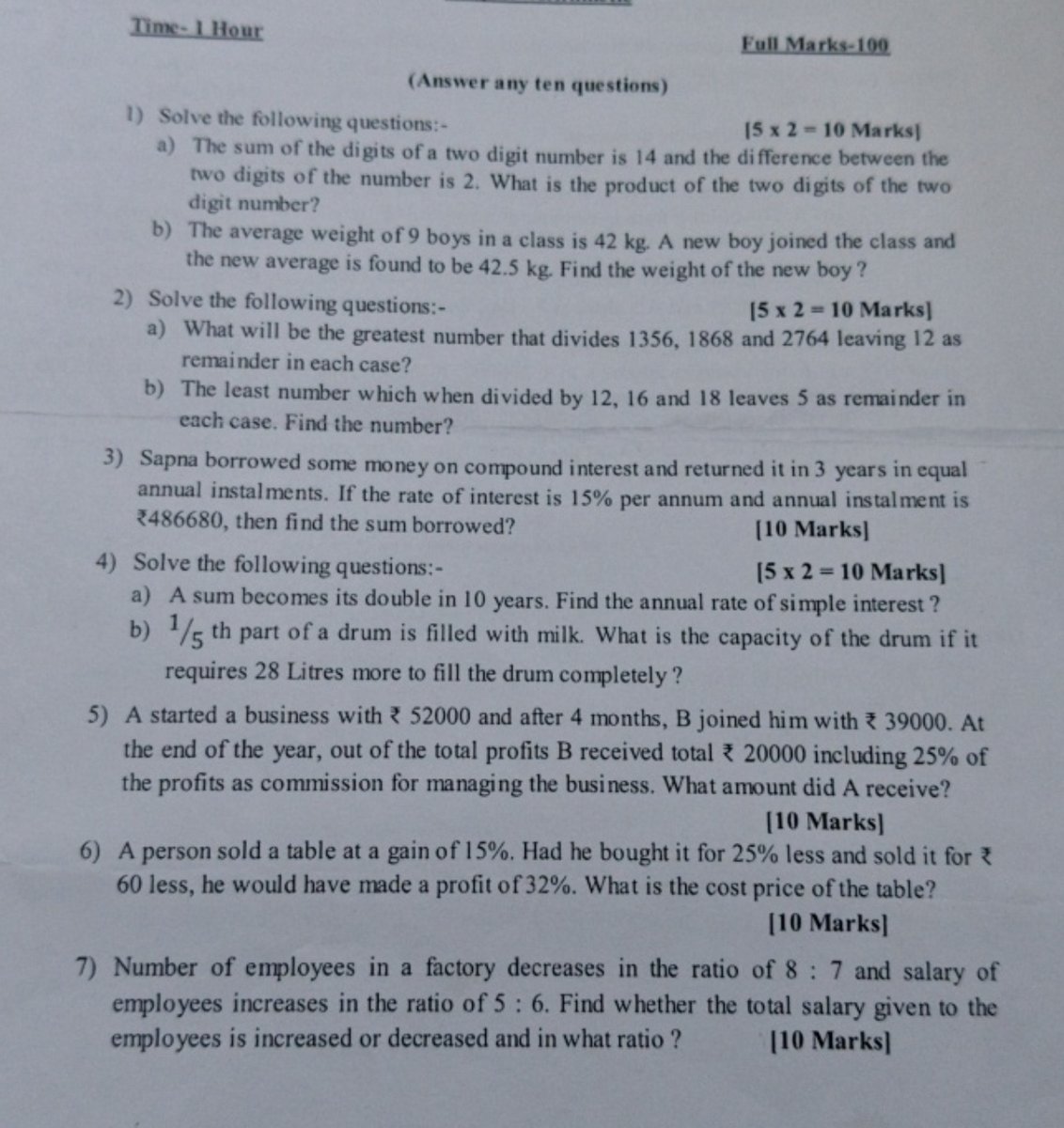 Time-1 Hour Full Marks-100 (Answer any ten questions) 1) Solve the follo..