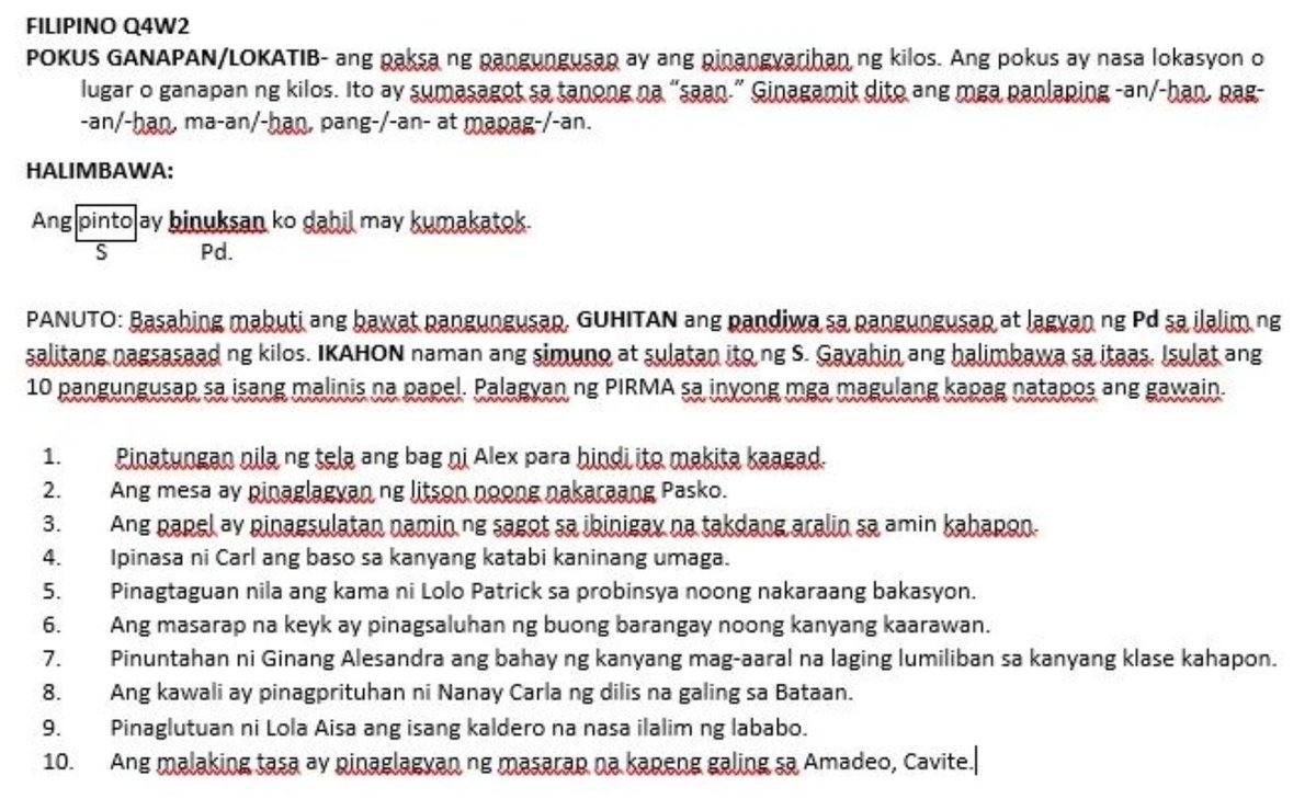 FILIPINO Q4W2 POKUS GANAPAN/LOKATIB- ang paksa ng pangungusap ay ang pin..