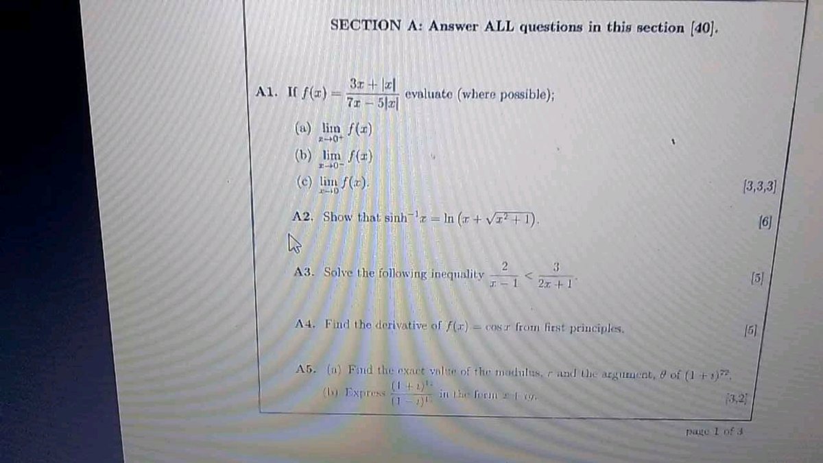 SECTION A: Answer ALL questions in this section [40]. A1. If f(x) = \frac..