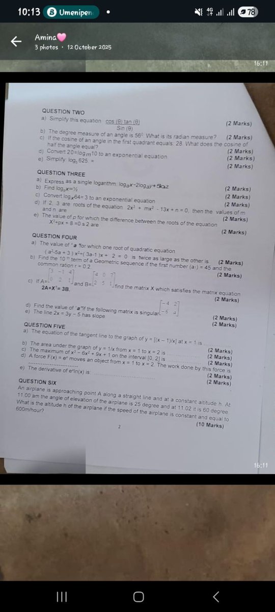 QUESTION TWO a) Simplify this equation \frac{\cos (\theta) \tan (\theta)}..