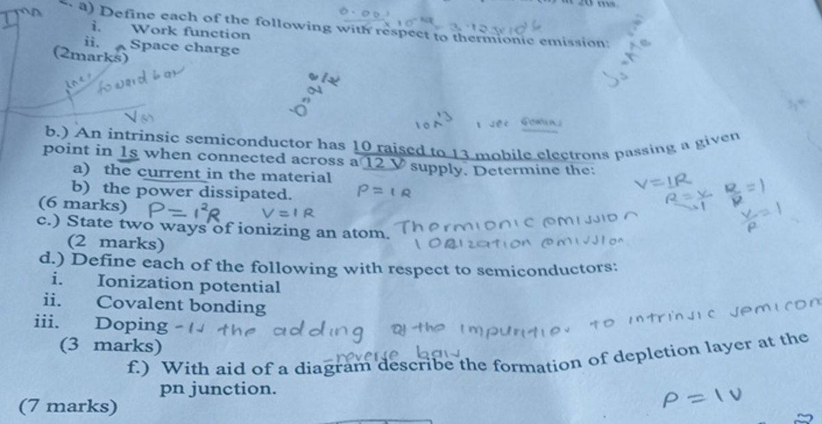 a) Define each of the following with respect to thermionic emission: i. W..