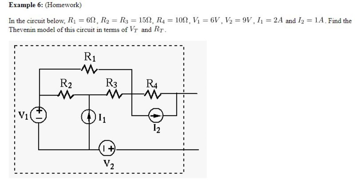 Example 6: (Homework) In the circuit below, R_1 = 6\Omega, R_2 = R_3 = 1..