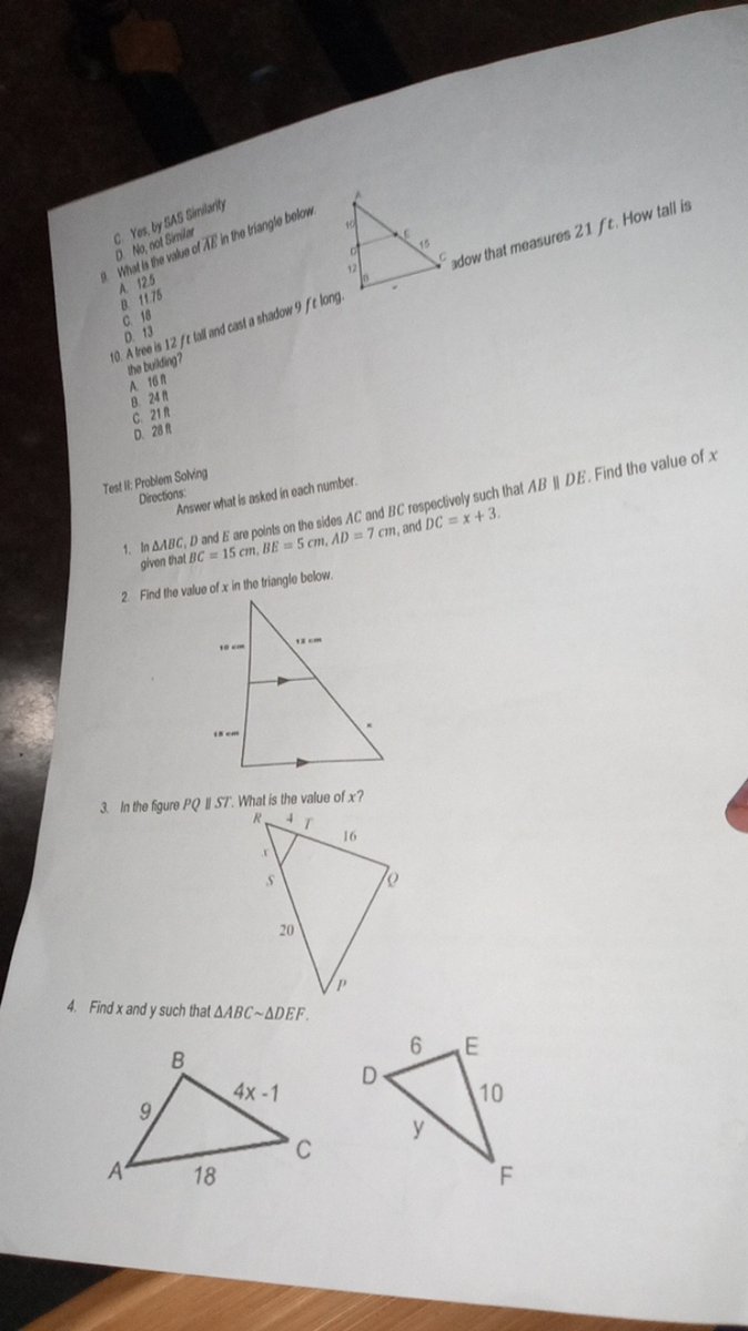 Here are multiple questions related to geometry and similar triangles. Pl..