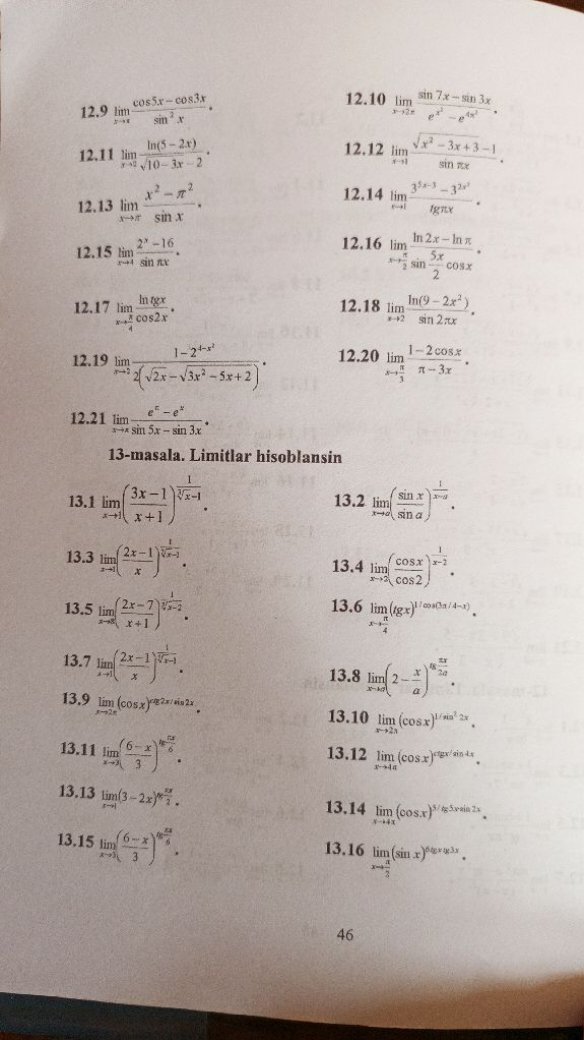 12.9 \lim_{x \to 0} \frac{\cos 5x - \cos 3x}{\sin^2 x} 12.10 \lim_{x \to