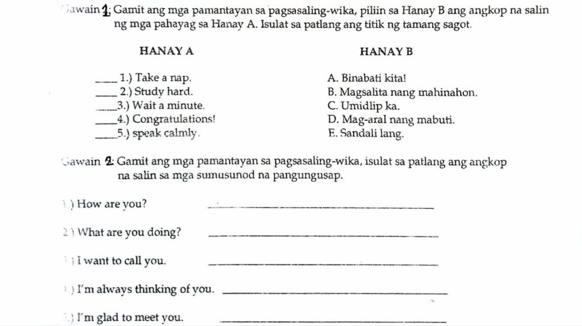 Gawain 1: Gamit ang mga pamantayan sa pagsasaling-wika, piliin sa Hanay B..