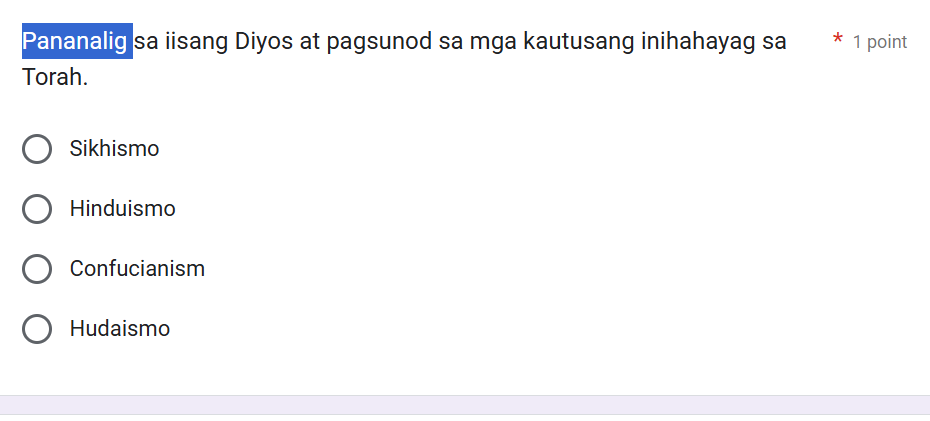 Pananalig sa iisang Diyos at pagsunod sa mga kautusang inihahayag sa Tora..
