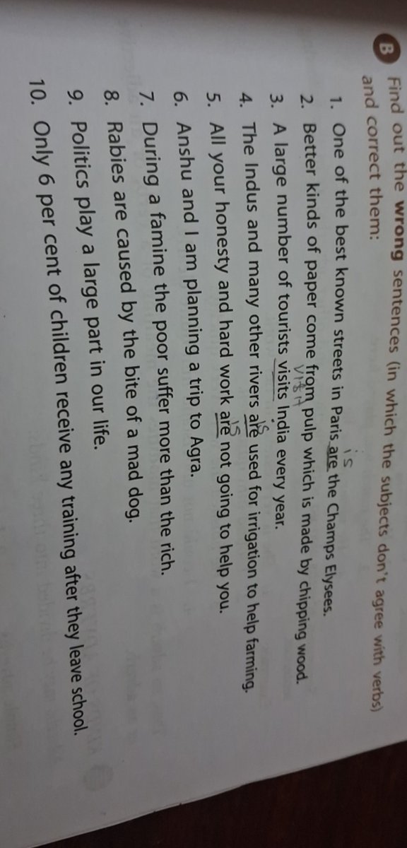 Find out the wrong sentences (in which the subjects don't agree with verb..