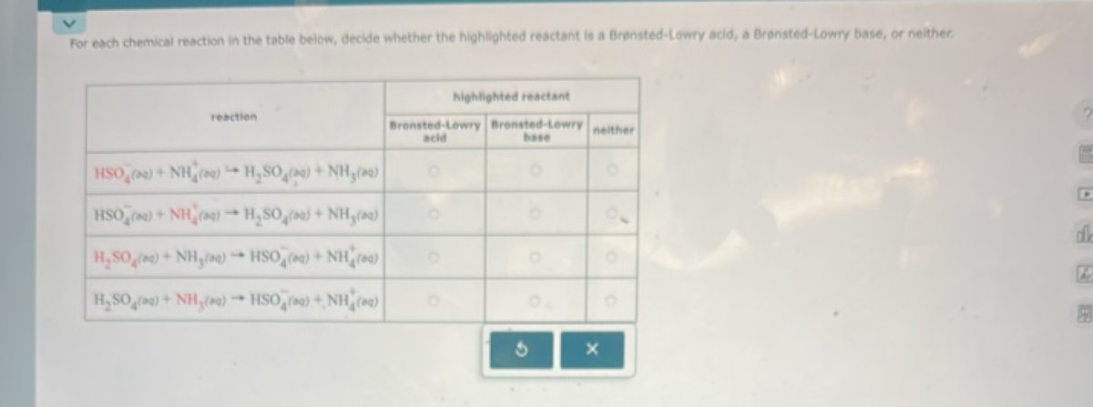 For each chemical reaction in the table below, decide whether the highlig..