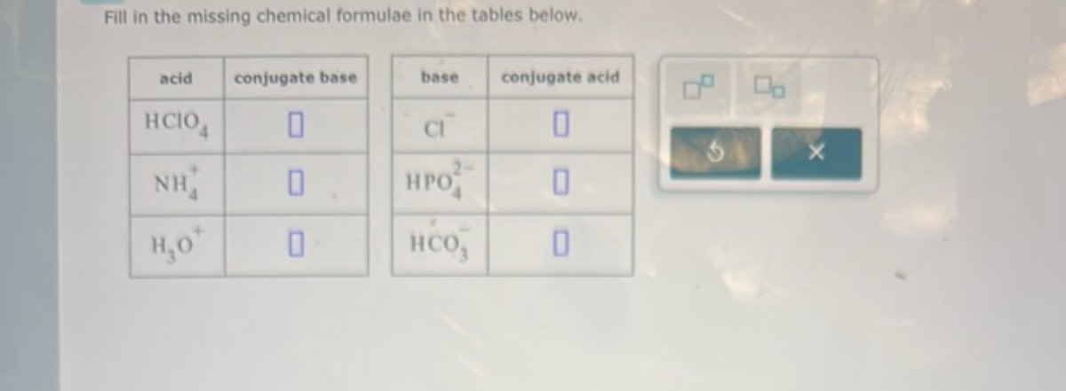 Fill in the missing chemical formulae in the tables below. | acid | conj..