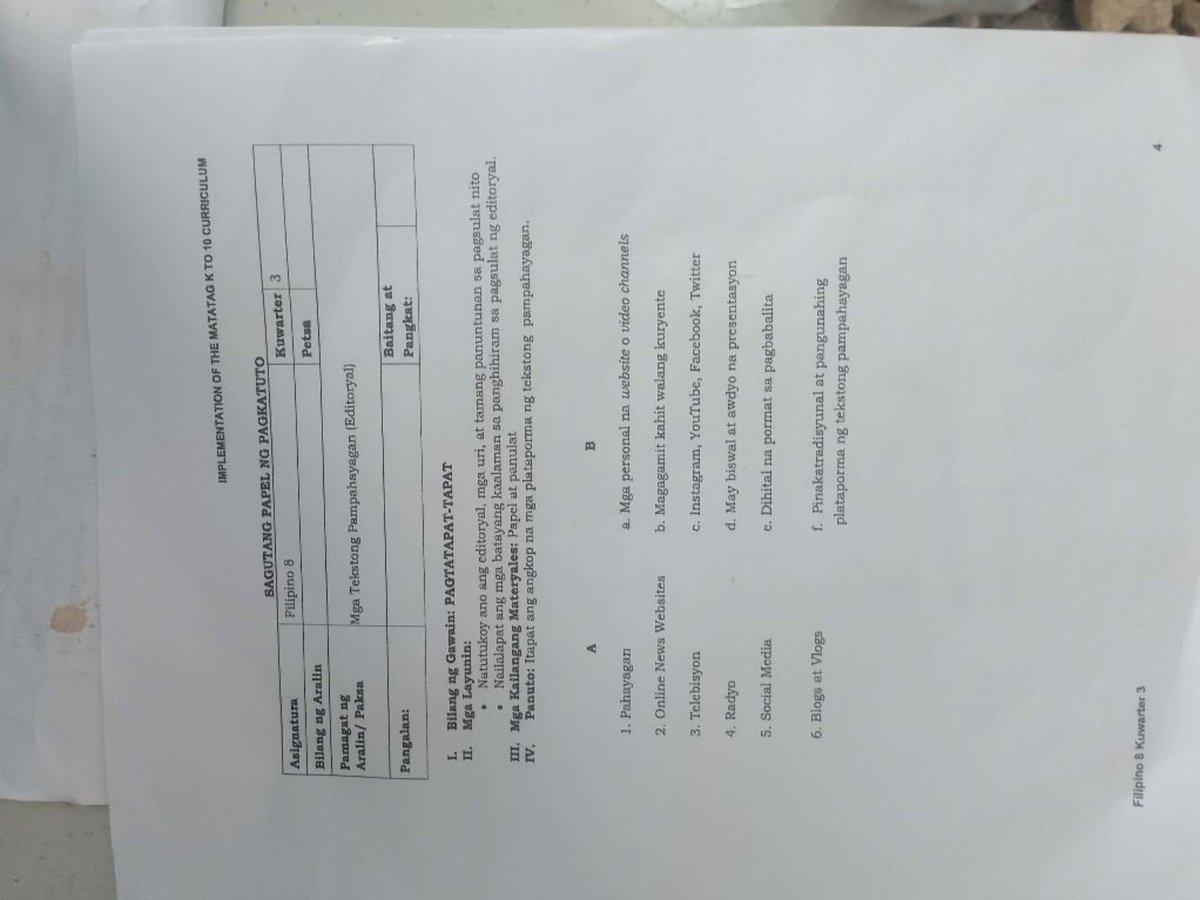 SAGUTANG PAPEL NG PAGKATUTO Asignatura: Filipino 8 Kuwarter: 3 Bilang ng..