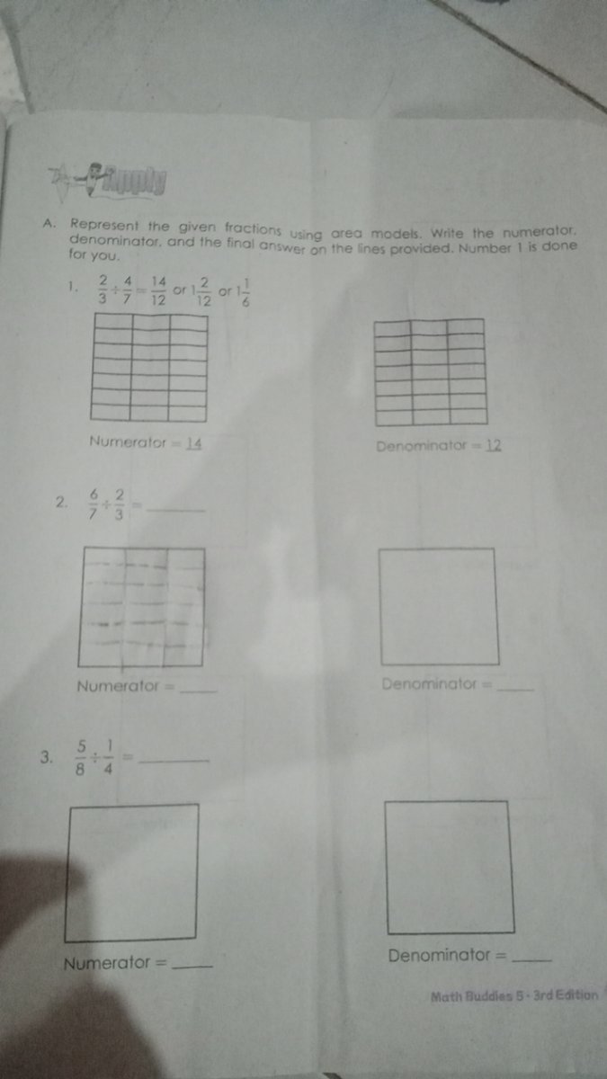 A. Represent the given fractions using area models. Write the numerator,