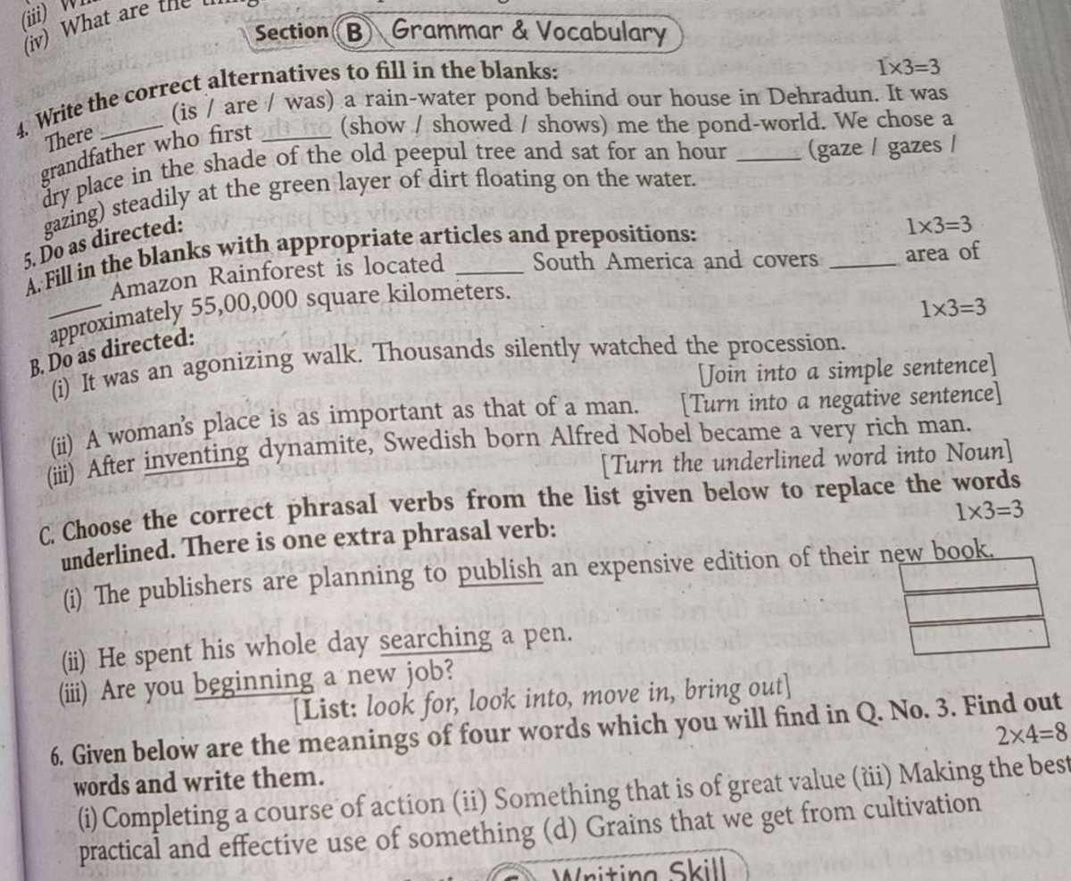 Section B Grammar & Vocabulary Write the correct alternatives to fill in..