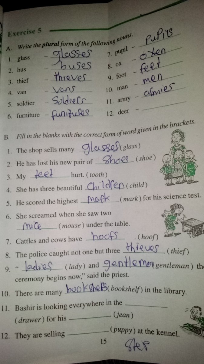 Exercise 5 A. Write the plural form of the following nouns. glass bus th..