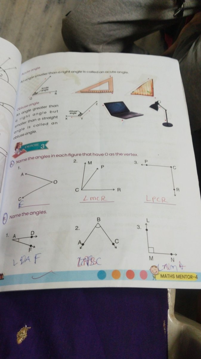 Exercise 3 A) Name the angles in each figure that have O as the vertex.