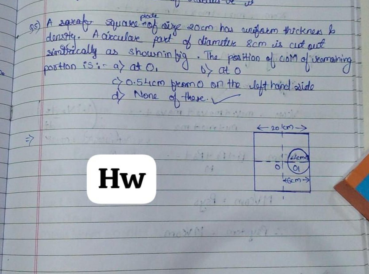 A square plate of size 20cm has uniform thickness and density. A circular..