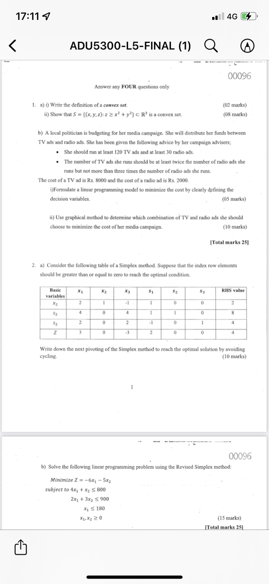 Answer any FOUR questions only 1. a) i) Write the definition of a convex..