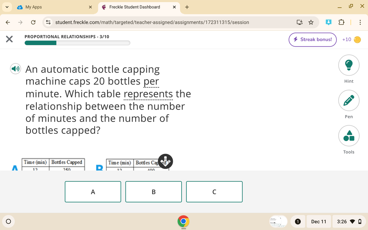 An automatic bottle capping machine caps 20 bottles per minute. Which tab..