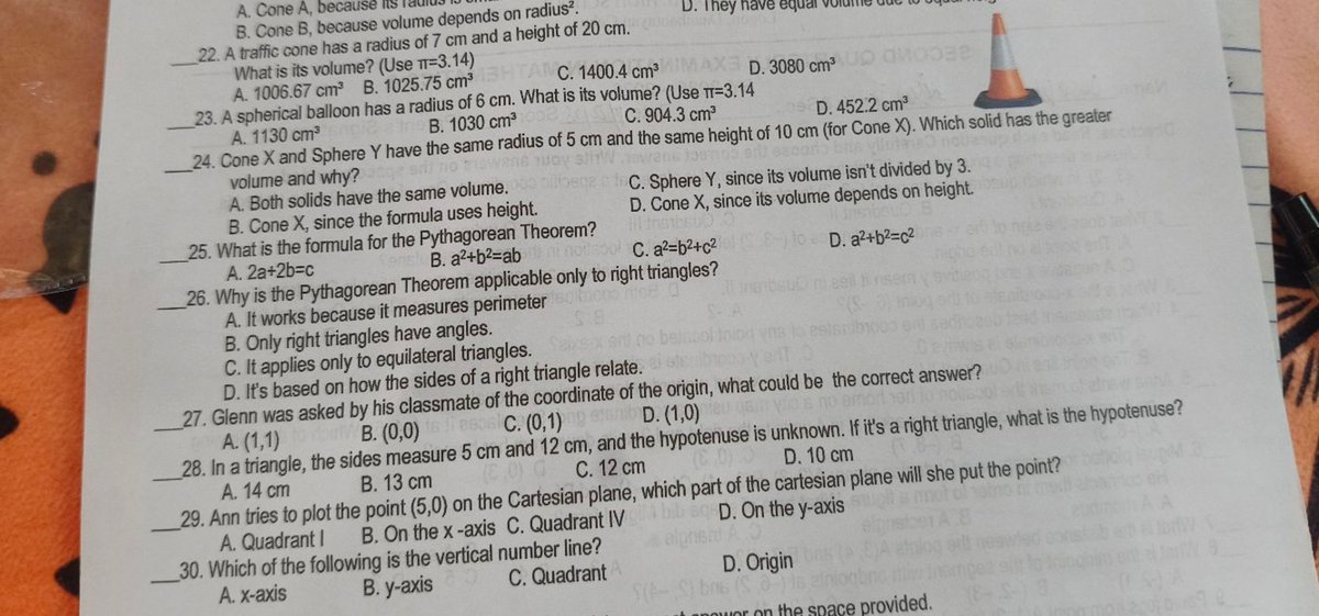 A traffic cone has a radius of 7 cm and a height of 20 cm. What is its vo..