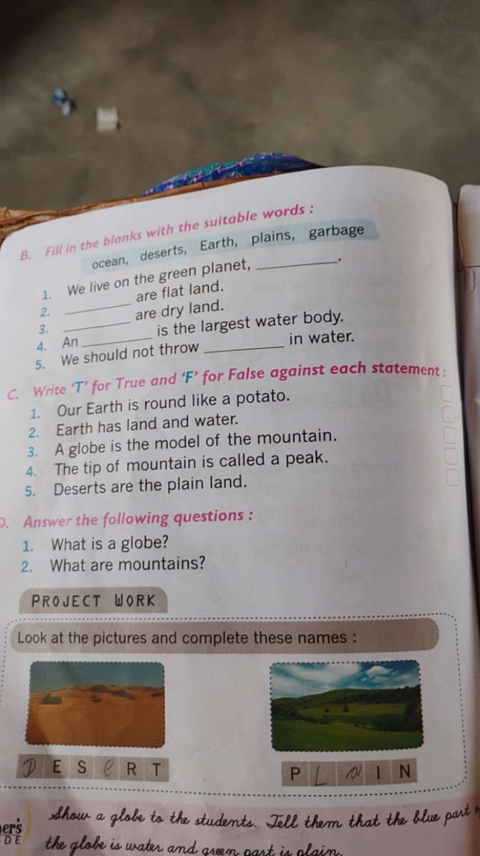 B. Fill in the blanks with the suitable words: Words: ocean, deserts, Ea..
