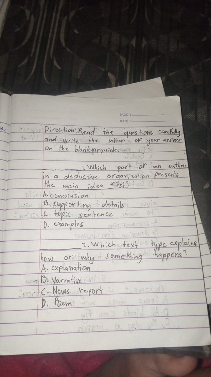 Direction: Read the questions carefully and write the letter of your answ..