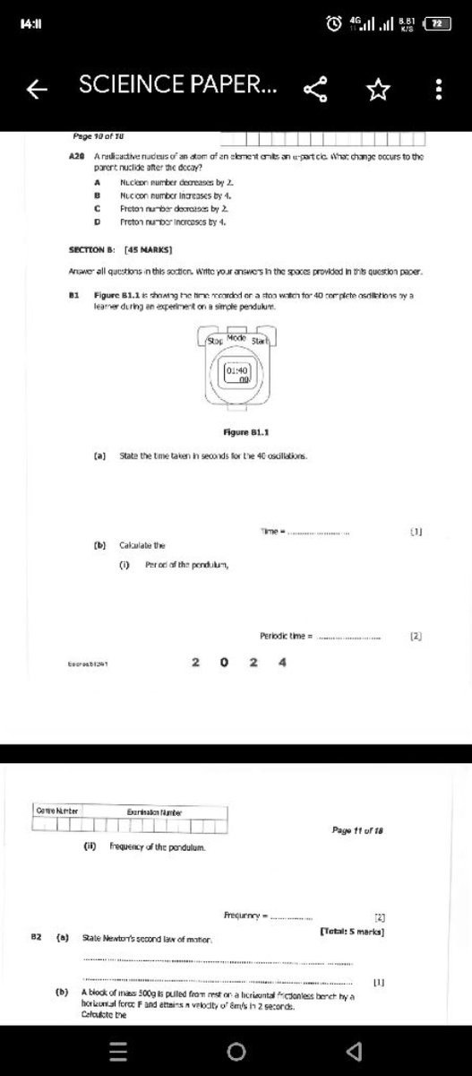 Here are some questions from a Science paper: A20 A radioactive nucleus