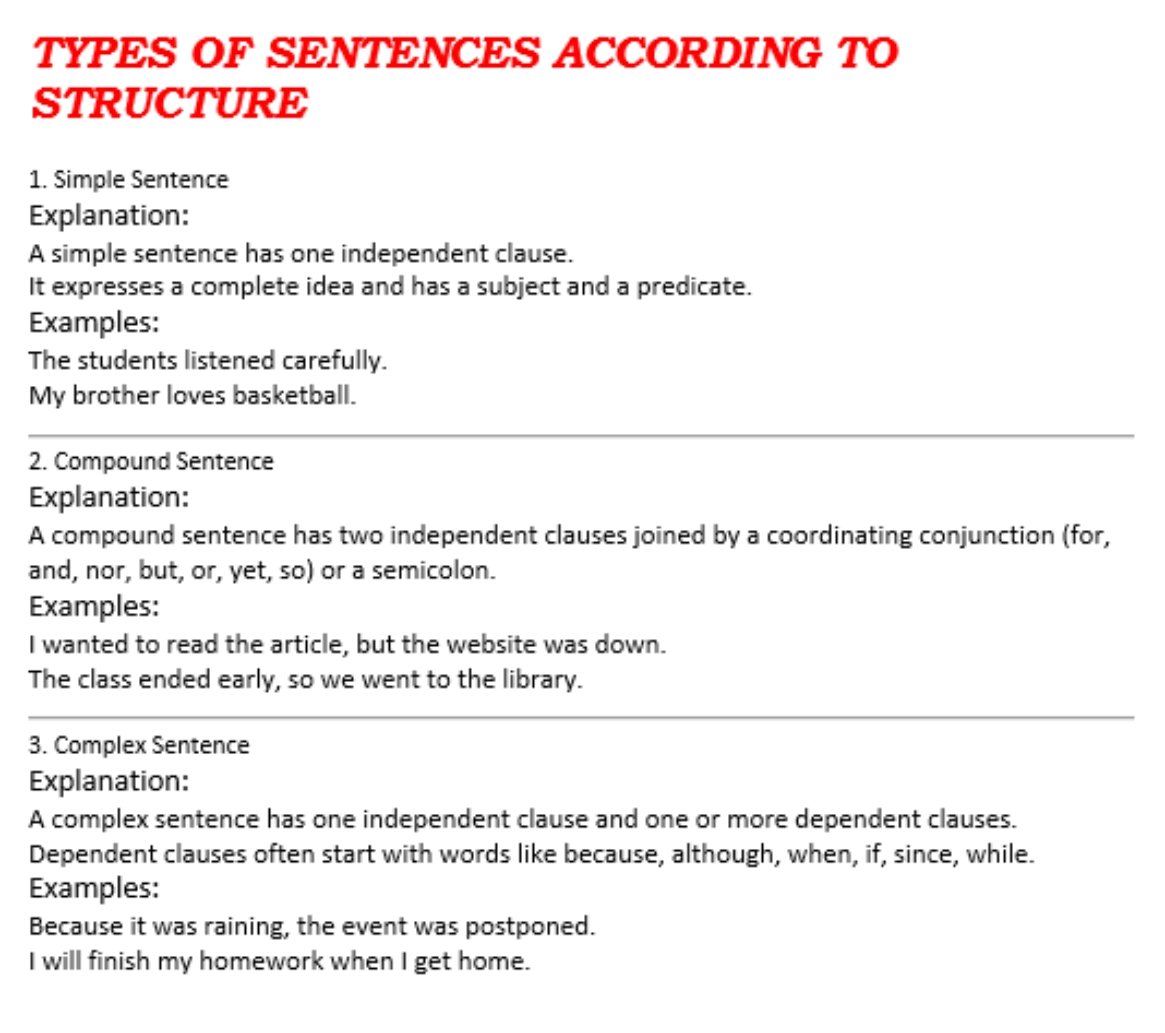 TYPES OF SENTENCES ACCORDING TO STRUCTURE Simple Sentence Explanation: A..