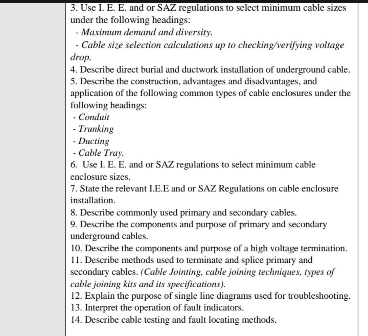 Here are a series of questions related to electrical cables and installat..