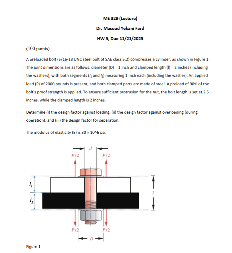 A preloaded bolt (5/16-18 UNC steel bolt of SAE class 5.2) compresses a c..