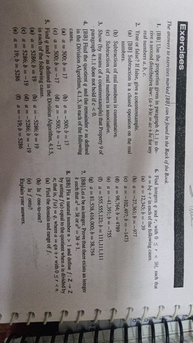 Here are some exercises related to properties of real numbers, division a..