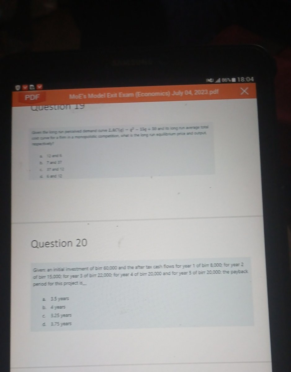 Question 19 Given the long run perceived demand curve LBC(q) = q² - 15q