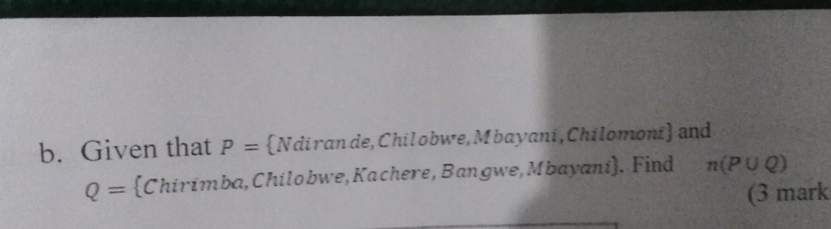 Given that P = {Ndirande, Chilobwe, Mbayani, Chilomoni} and Q = {Chirimba..