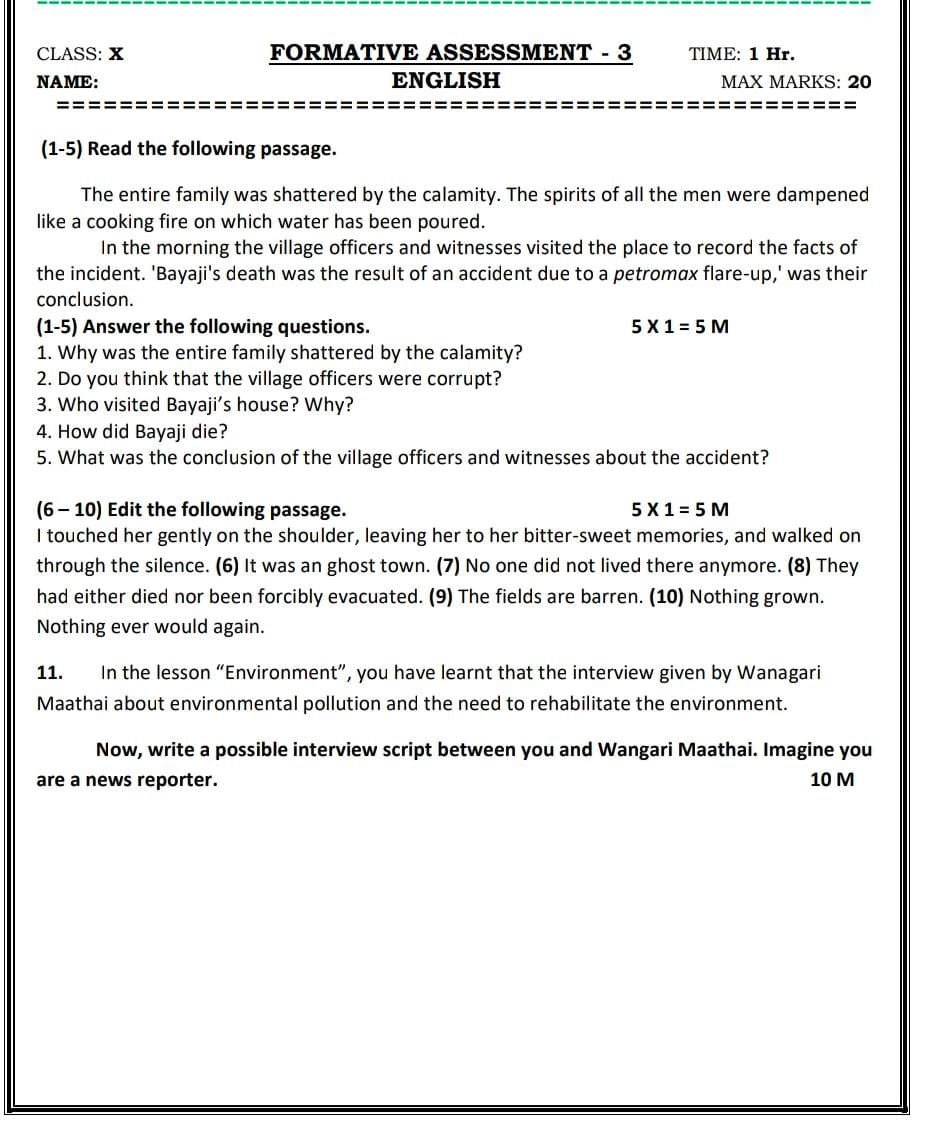 CLASS: X FORMATIVE ASSESSMENT - 3 ENGLISH TIME: 1 Hr. MAX MARKS: 20 (1-5..