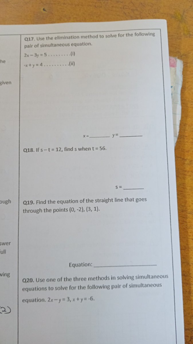 Q17. Use the elimination method to solve for the following pair of simult..