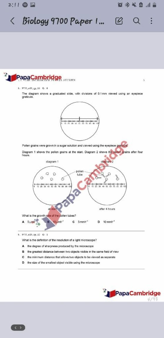 The diagram shows a graduated slide, with divisions of 0.1 mm viewed usin..