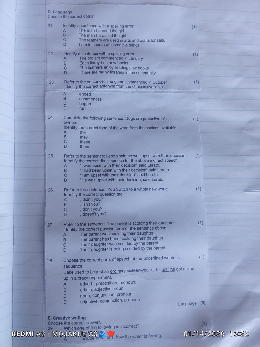 D. Language Choose the correct option. Identify a sentence with a spelli..