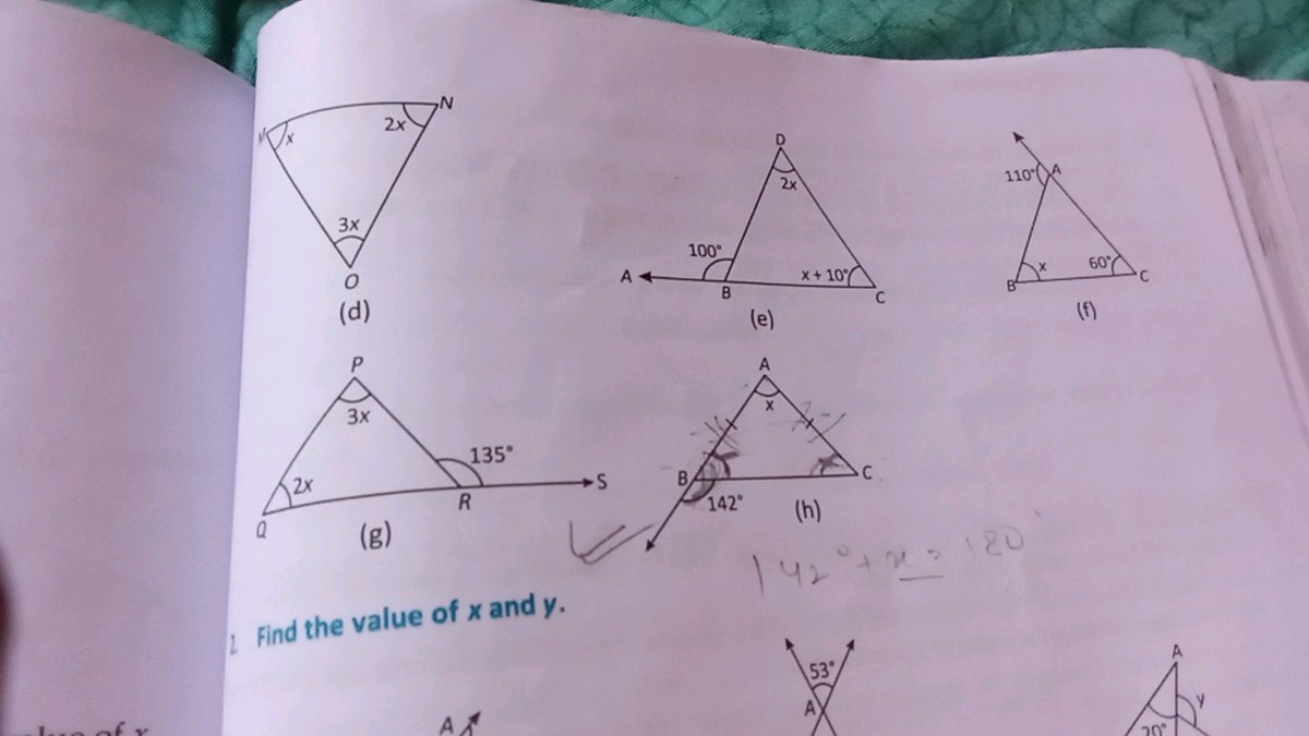 Find the value of x and y. (d) A triangle with angles x, 2x, and 3x. (e)..