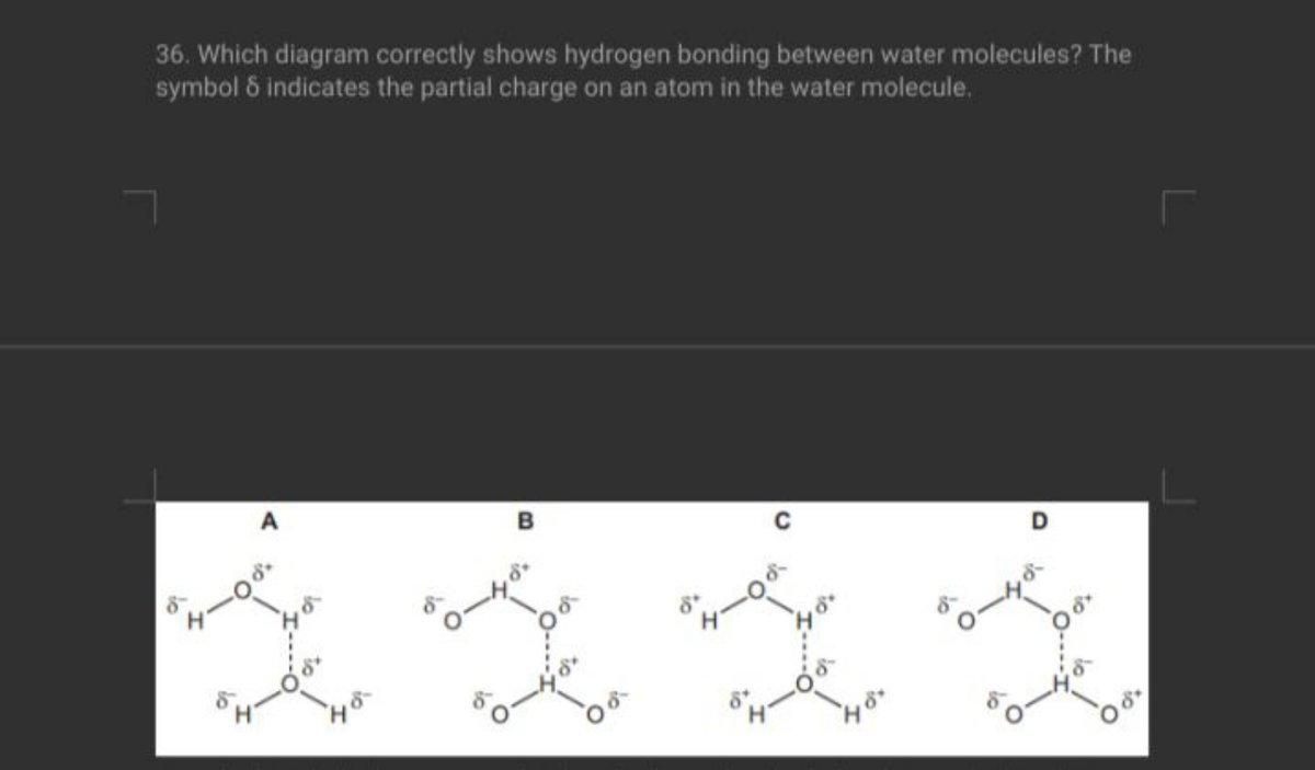 Which diagram correctly shows hydrogen bonding between water molecules? T..