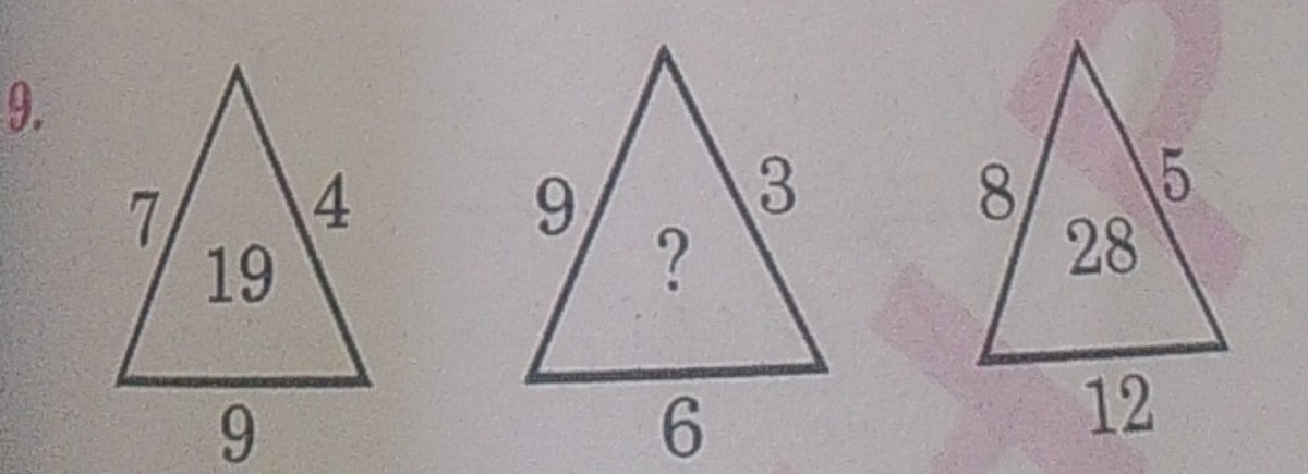 The image shows three triangles with numbers at their vertices and one nu..