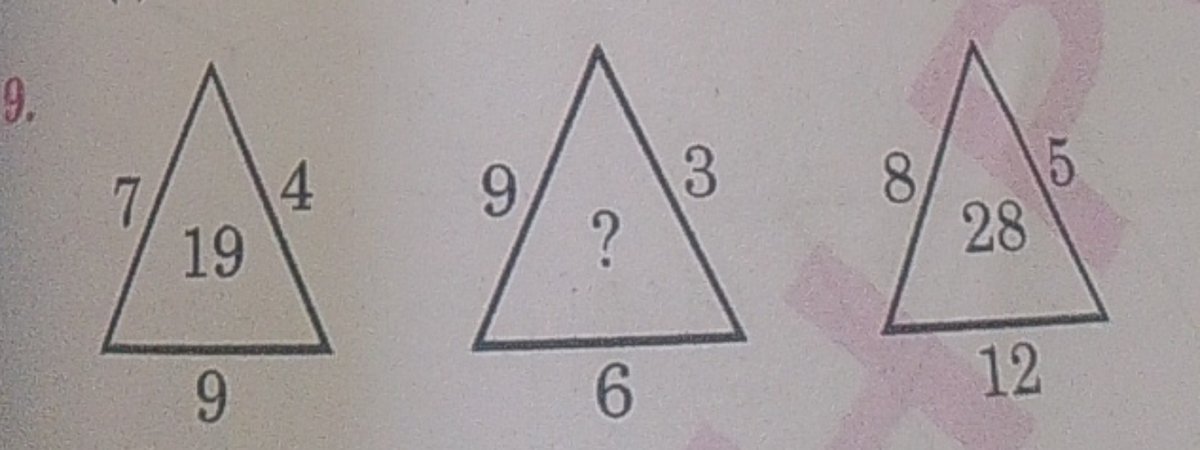 The image shows three triangles with numbers at their vertices and a numb..