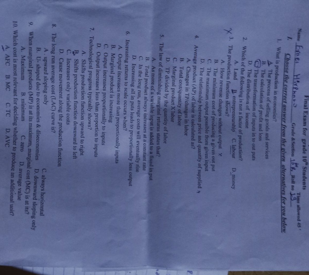 Final Exam for grade 10th Students Name: Erael Hirenaro Time allowed 45'