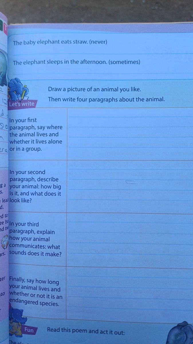 Draw a picture of an animal you like. Then write four paragraphs about th..