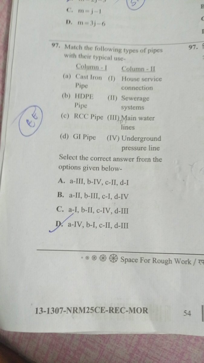 Match the following types of pipes with their typical use- Column - I (a..