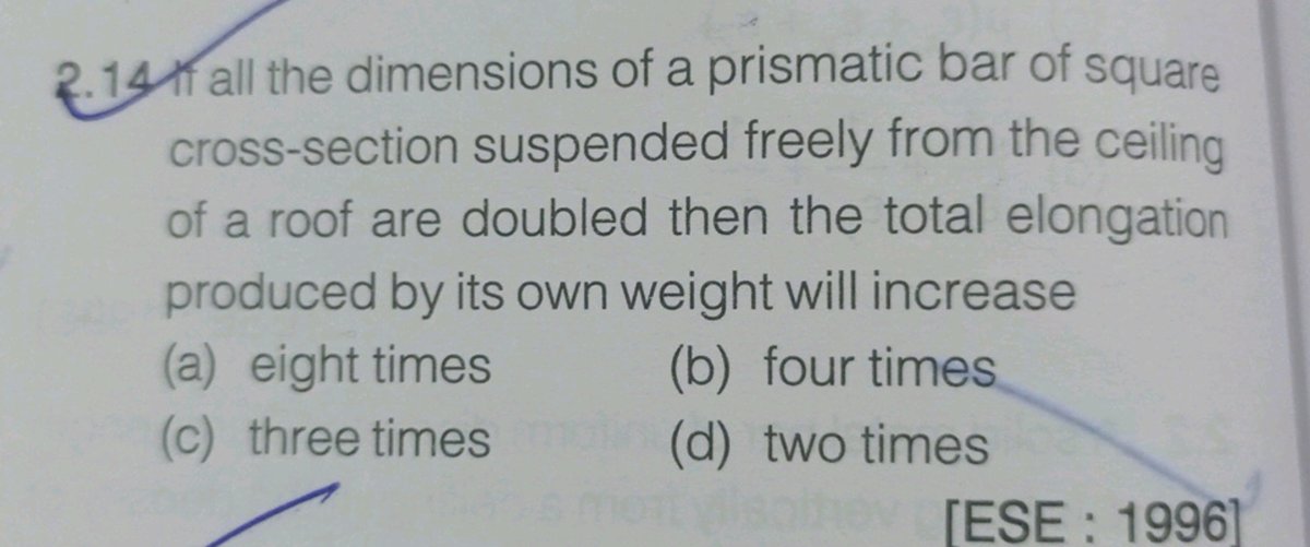 If all the dimensions of a prismatic bar of square cross-section suspende..
