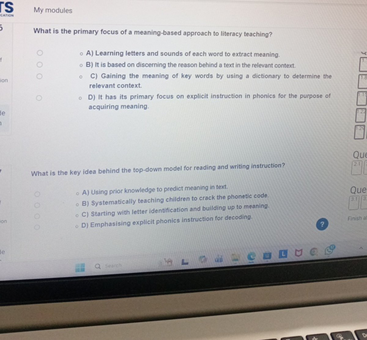 What is the primary focus of a meaning-based approach to literacy teachin..