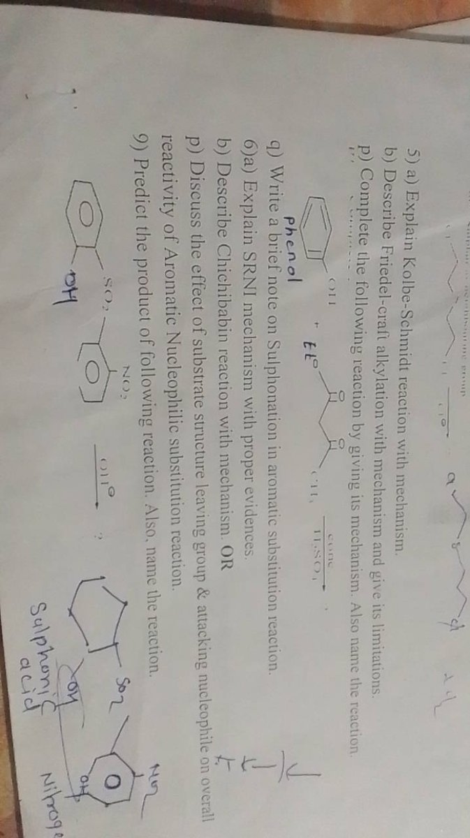 5) a) Explain Kolbe-Schmidt reaction with mechanism. b) Describe Friedel-..