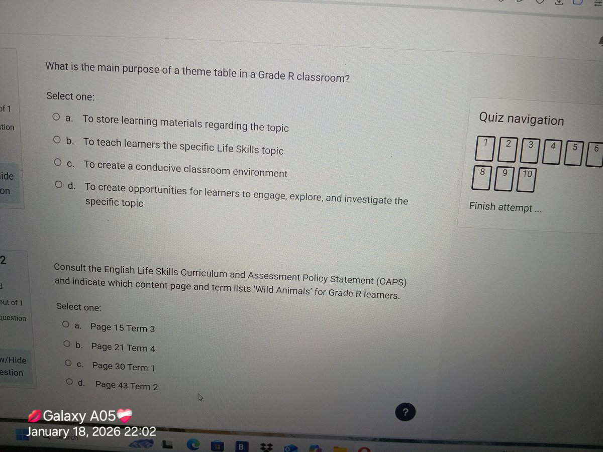 What is the main purpose of a theme table in a Grade R classroom? Select..