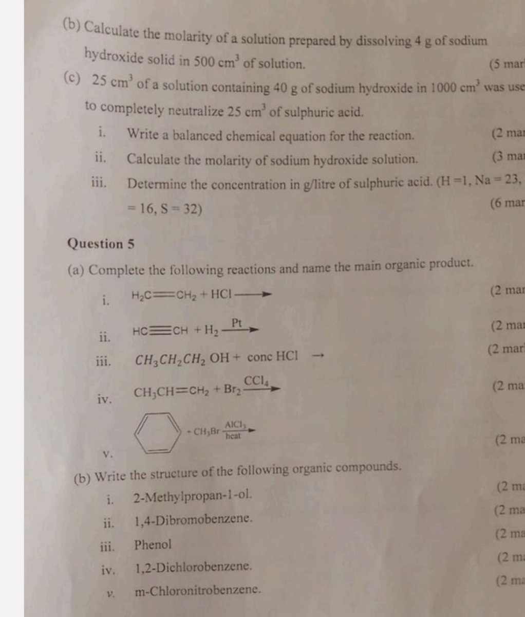 (b) Calculate the molarity of a solution prepared by dissolving 4 g of so..