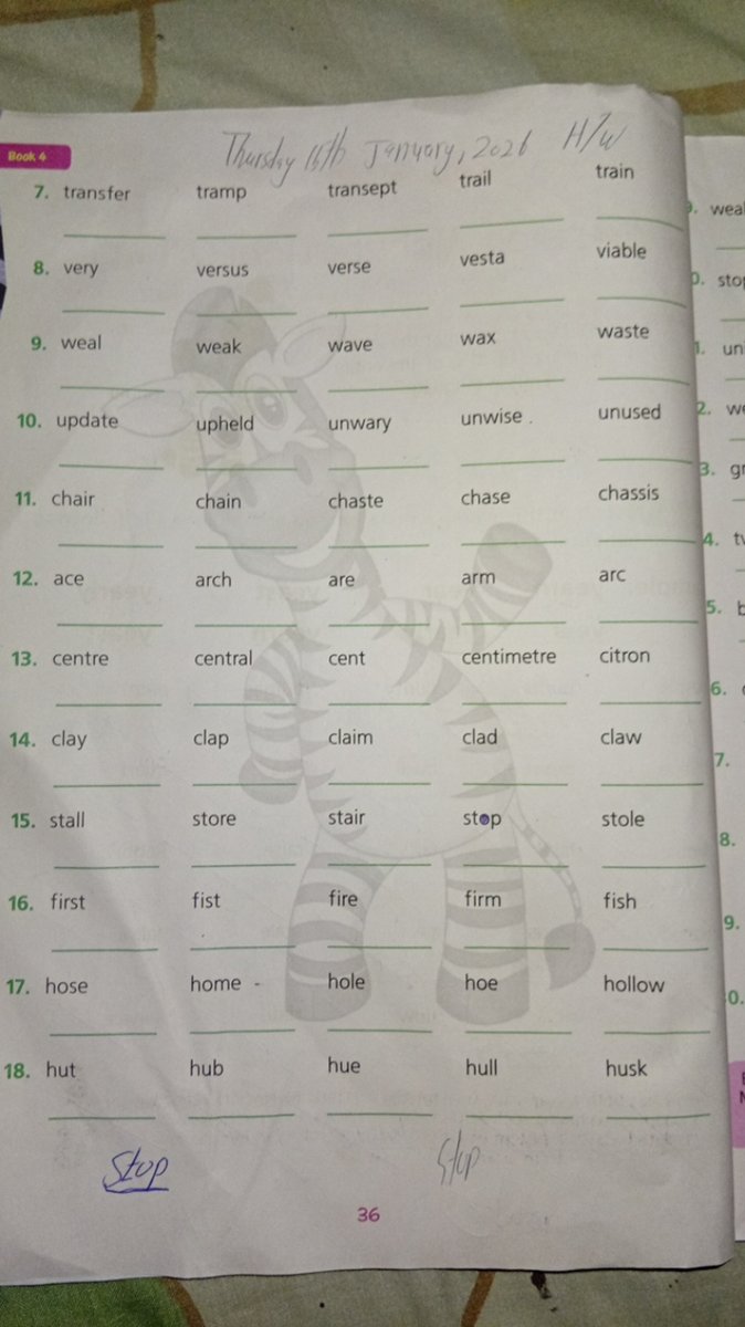 The image shows a list of words, and for each word, there are several oth..