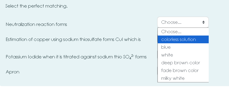 Select the perfect matching. Neutralization reaction forms Estimation o..
