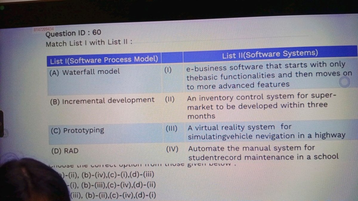 Question ID: 60 Match List I with List II: List I (Software Process Mode..